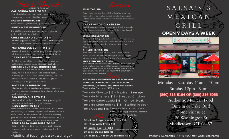 Menu – Salsa's 3 Authentic Mexican Restraurant Dine in or Take out ...